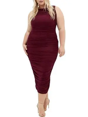 City Chic Halo Sleeveless Ruched Mesh Dress - Dark Cherry