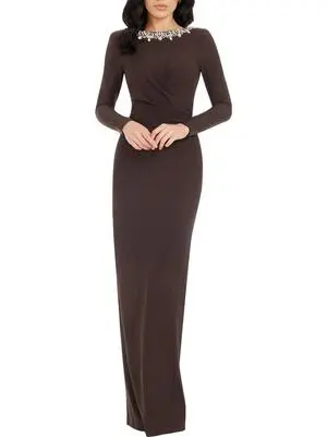 Dress The Population Anne Embellished Column Gown - Mocha