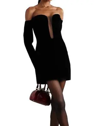 Nina Ricci Off-the-shoulder Tulle-trimmed Velvet Mini Dress - Black