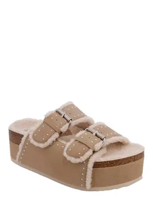 Mia Faux Shearling Platform Slides - Sand