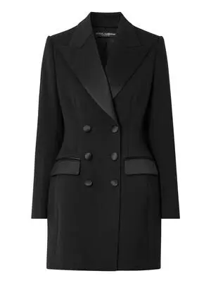 Dolce & Gabbana Double-breasted Silk-blend Satin-trimmed Wool-blend Twill Coat - Black