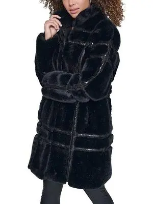 Karl Lagerfeld Paris Faux Fur Sequined Coat - Black
