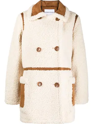 STAND STUDIO Double-breasted Faux Shearling Coat - White