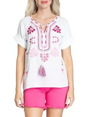 APNY Embroidered Peasant Top - White Multi