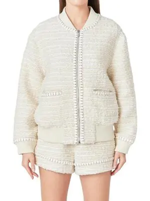 Endless Rose Metallic Tweed Bomber Jacket - Ivory