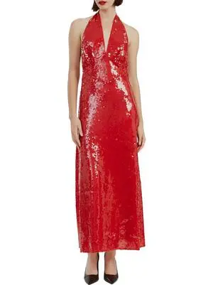 Bardot Freja Sequin Halter Maxi Dress - Deep Red