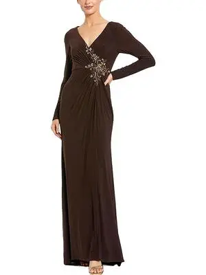 Mac Duggal Faux Wrap Long Sleeve Gown With Applique - Chocolate