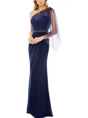 Mac Duggal Embellished One Shoulder Draped Gown - Navy