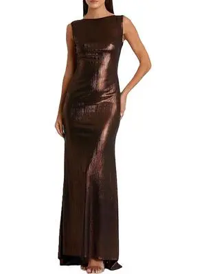 Mac Duggal Metallic Cowl Back Column Gown - Espresso