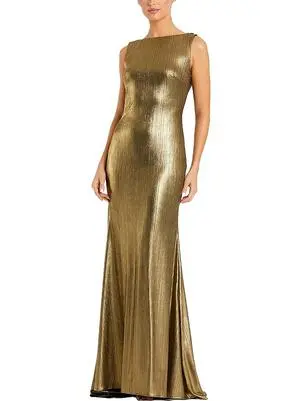 Mac Duggal Metallic Cowl Back Column Gown - Gold
