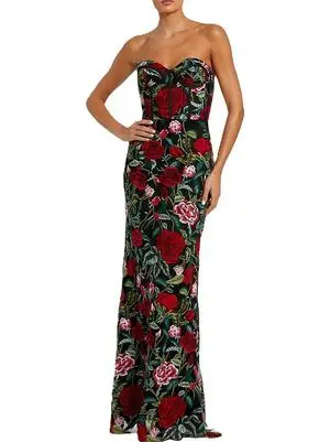 Mac Duggal Floral Applique Bustier Gown - Black Multi