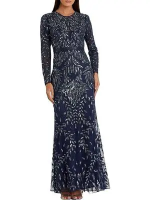 Mac Duggal Long Sleeve Embellished Gown - Midnight