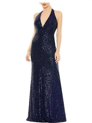 Mac Duggal Ieena Collection Sequin Halter Gown - Navy