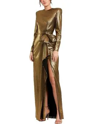 Mac Duggal Metallic Jersey Gown With Bow And Slit - Antique Gold