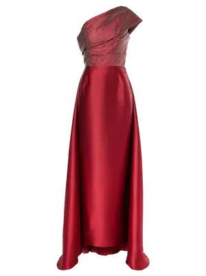 Solace London Alba Embellished Draped Satin Gown - Red