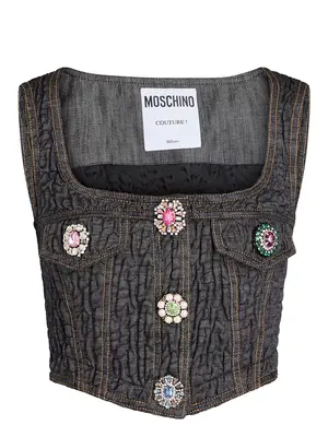 Moschino Cropped Crystal-embellished Denim Top - Dark Denim