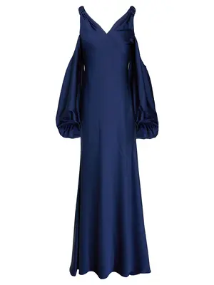 Halston Binnie Cold-shoulder Ruched Satin Gown - Navy