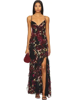 NICHOLAS Kamila Ruffle Cowl Gown Water Color Floral Black