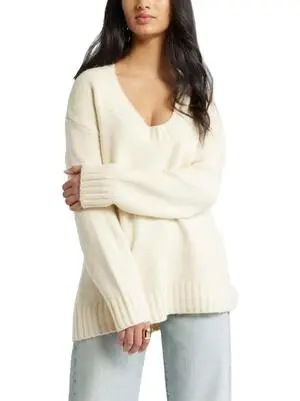 OPEN EDIT Open Edit Oversized V-Neck Sweater Ivory Dove
