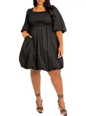 BUXOM COUTURE Smocked Puff Sleeve Cotton-blend Dress - Black