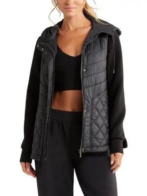 Zella Hybrid Quilted Knit Hooded Jacket Black