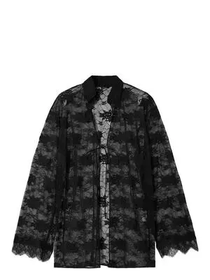 Oseree Satin-trimmed Scalloped Lace Shirt - Black