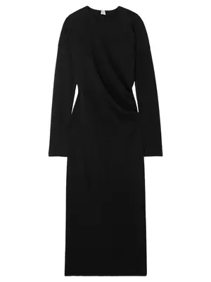 TOTEME Asymmetric Gathered Jersey Midi Dress - Black