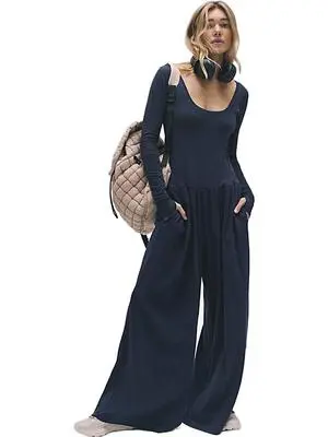 Free People Hot Shot Wide Leg Onesie - Midnight Navy