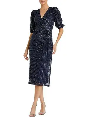 Mac Duggal Sequin V-neck Midi Dress With Puff Sleeves - Midnight