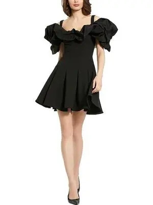 Mac Duggal Crepe Godet Hem Mini Dress With Faille Ruffle - Black