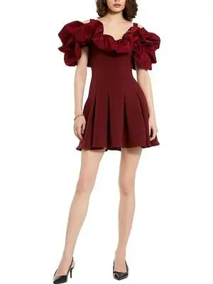 Mac Duggal Crepe Godet Hem Mini Dress With Faille Ruffle - Oxblood