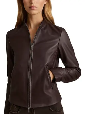 REISS Allie Leather Moto Jacket - Berry
