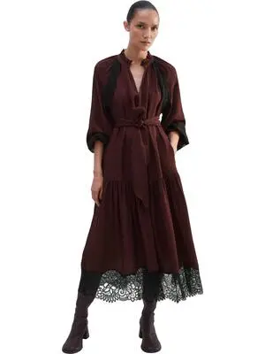 ME+EM Silk Lace Midi Dress With Belt - Brown