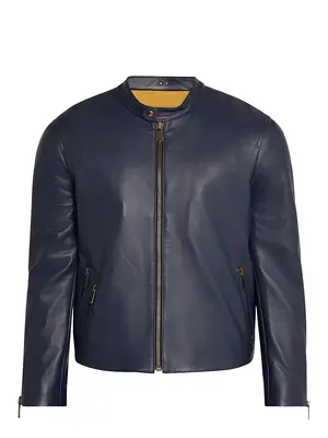 SAVAS Leather Racer Jacket - Navy