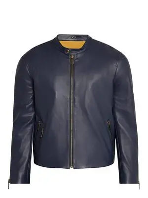 SAVAS Leather Racer Jacket - Navy