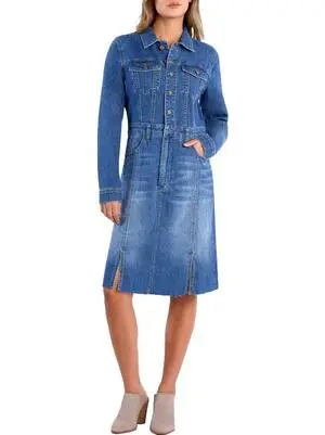 WASH LAB DENIM Sway Raw Hem Long Sleeve Shirt Dress - Graphic Blue