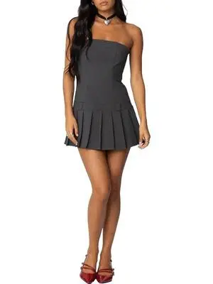 EDIKTED Pleated Drop Waist Mini Dress - Dark-gray