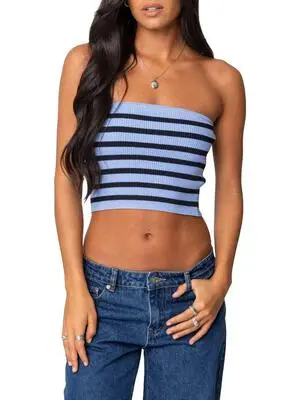 EDIKTED Lexi Stripe Ribbed Crop Tube Top - Blue
