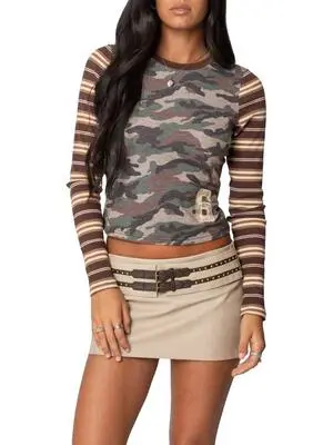 EDIKTED Camouflage & Stripe Long Sleeve Crop T-shirt - Mix