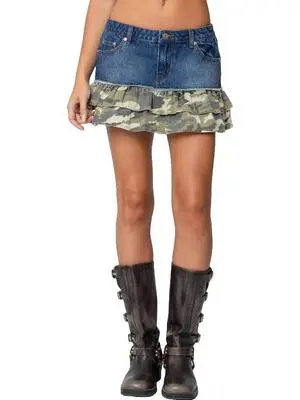 EDIKTED Camo Ruffle Denim Miniskirt - Blue-washed