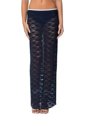 EDIKTED Vara Sheer Lace Maxi Skirt - Navy