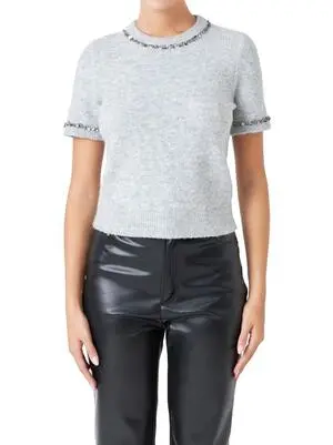 Endless Rose Paillette Trim Short Sleeve Sweater - Heather Grey