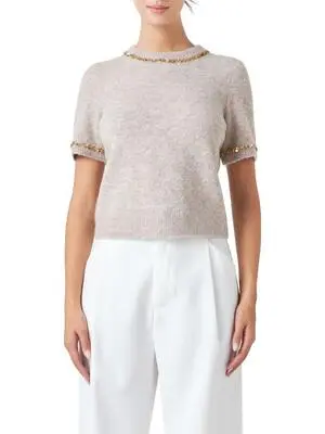 Endless Rose Endless Rose Paillette Trim Short Sleeve Sweater Taupe