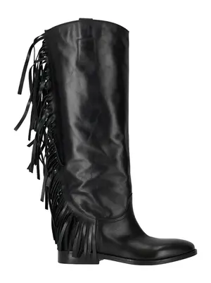 STRATEGIA Fringed Leather Boots - Black