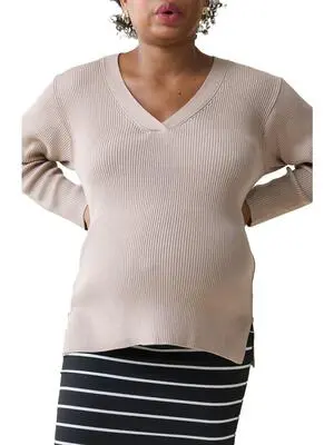 Ingrid & Isabel® Side Zip Rib Maternity/nursing Sweater - Beige