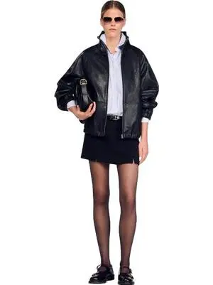 Sandro Oversized Leather Jacket - Black