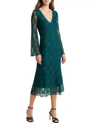 Loveappella Bell Sleeve Lace Overlay Midi Dress - Hunter