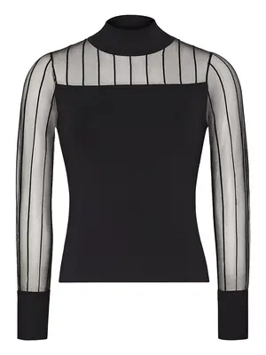 MILLY Krissy Sheer Knit Mockneck Long Sleeve Top Black