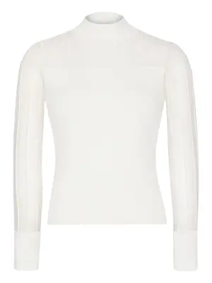 MILLY Krissy Sheer Knit Mockneck Long Sleeve Top Ecru