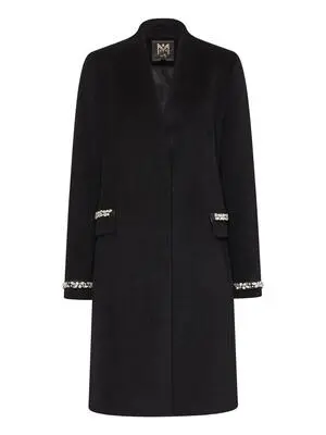 MILLY Embellished Trim Long Coat - Black